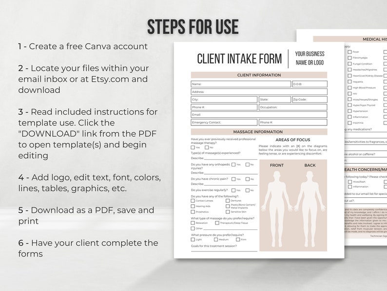 Massage Client Intake and Consent Forms Editable | Massage Therapist ...
