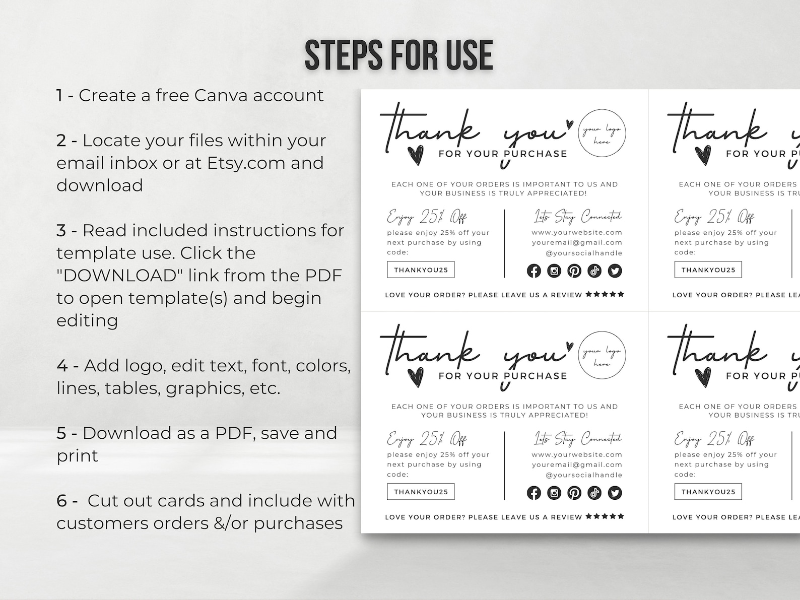 Business Thank You Card Editable Printable Thank You Insert Customer ...