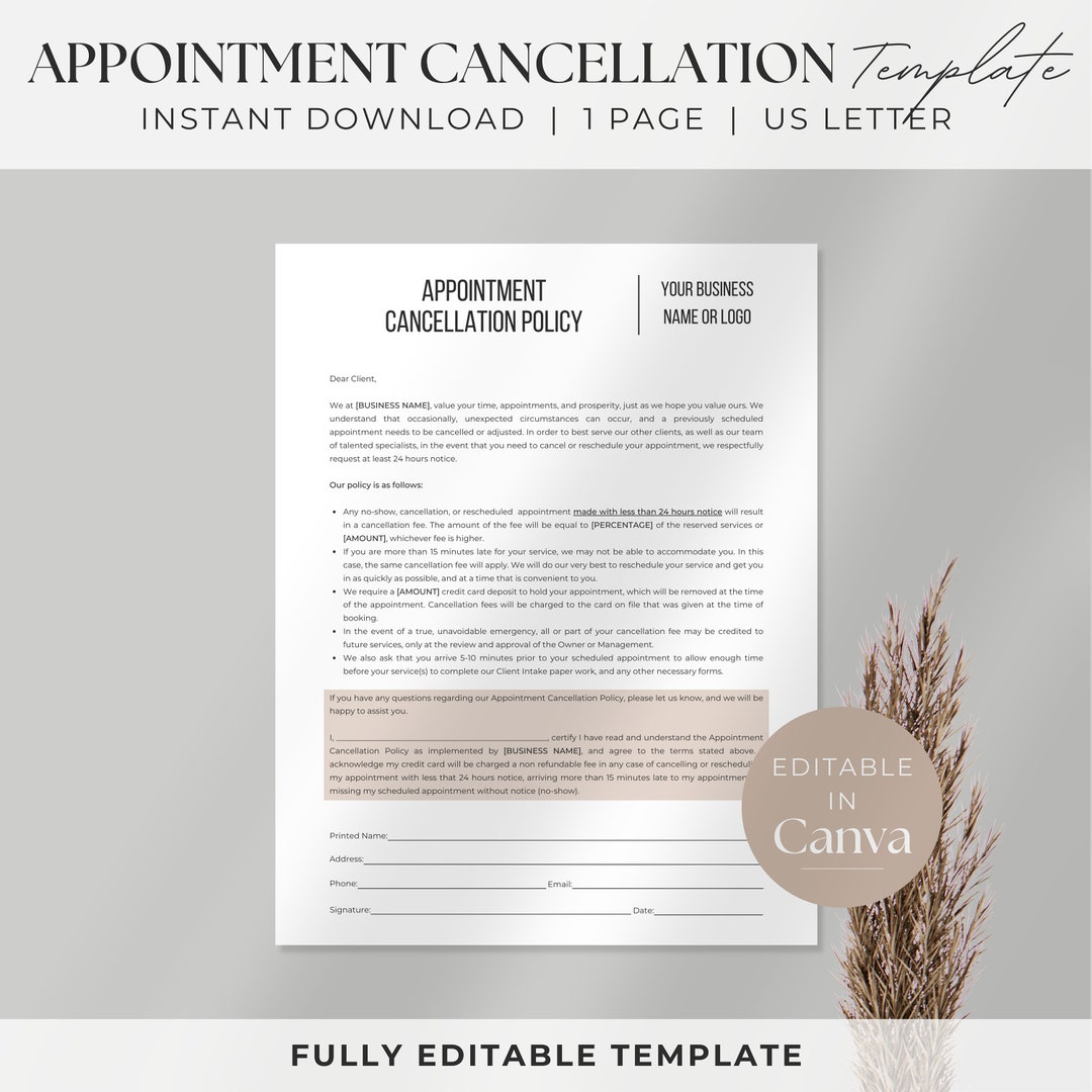 Appointment Cancellation Policy Form | Editable Appointment Template ...