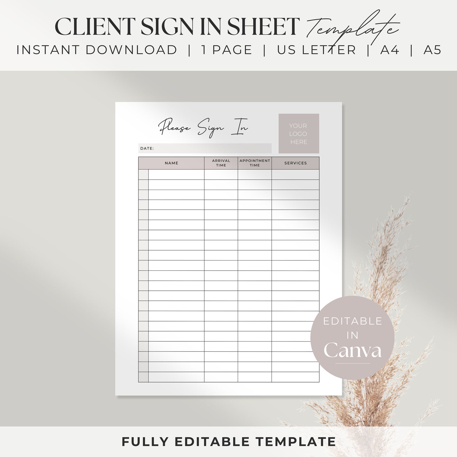 Sign in Sheet Template | Editable Client Sign in | Salon Sign in Sheet ...
