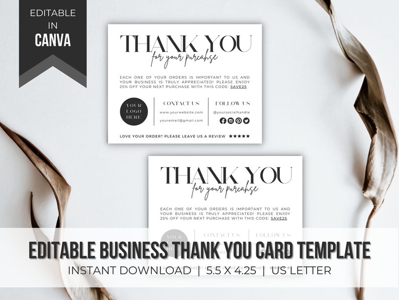 Business Thank You Card Template Editable Thank You Insert - Etsy