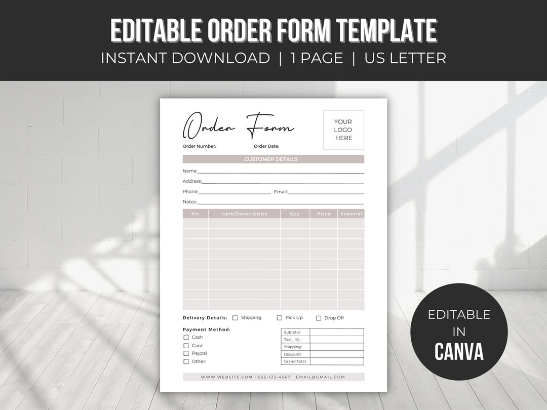 Order Form Template Editable | Custom Order Form | Purchase Order Form ...