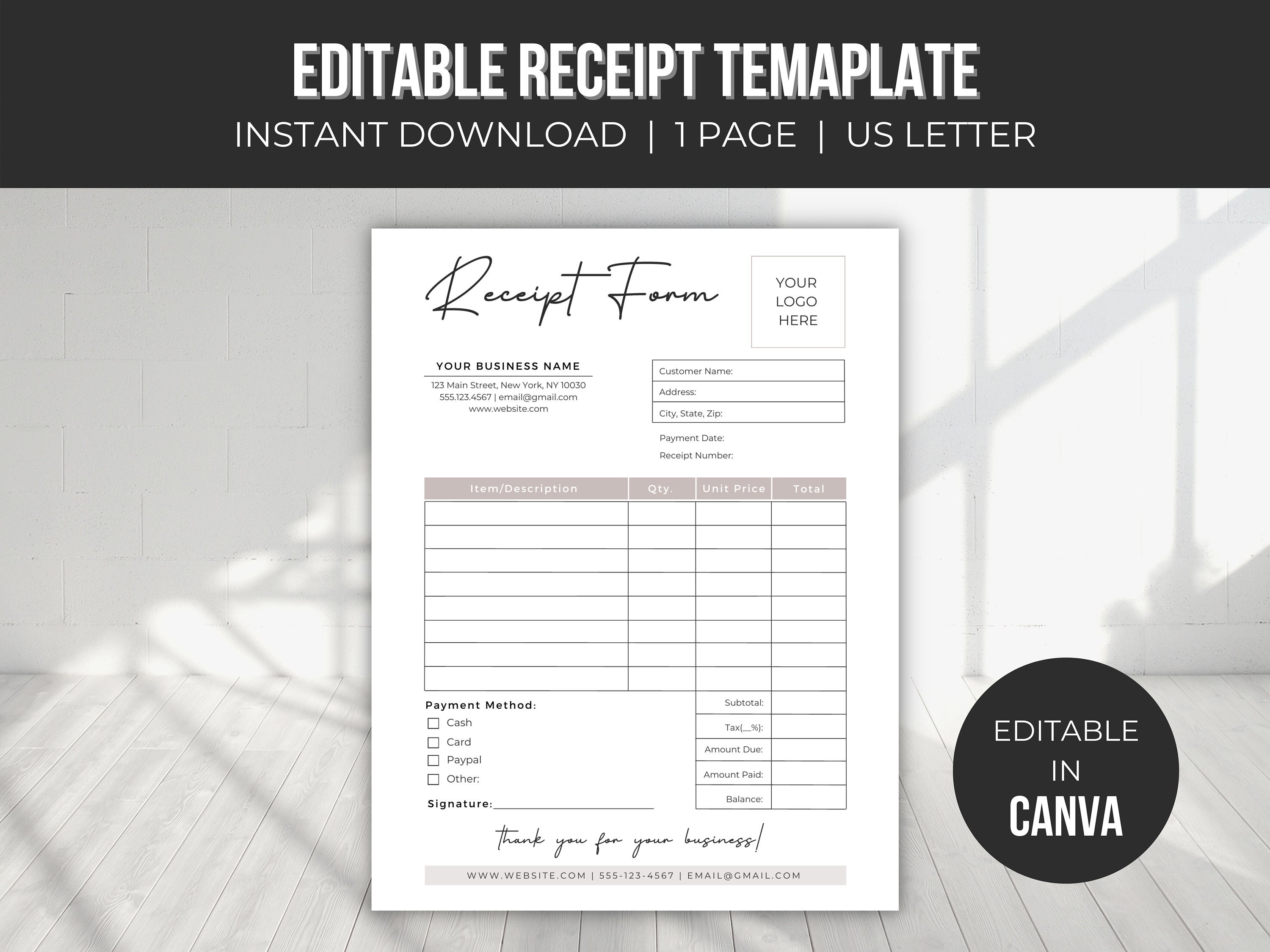 Receipt Template Editable | Printable Receipt | Business Receipt ...