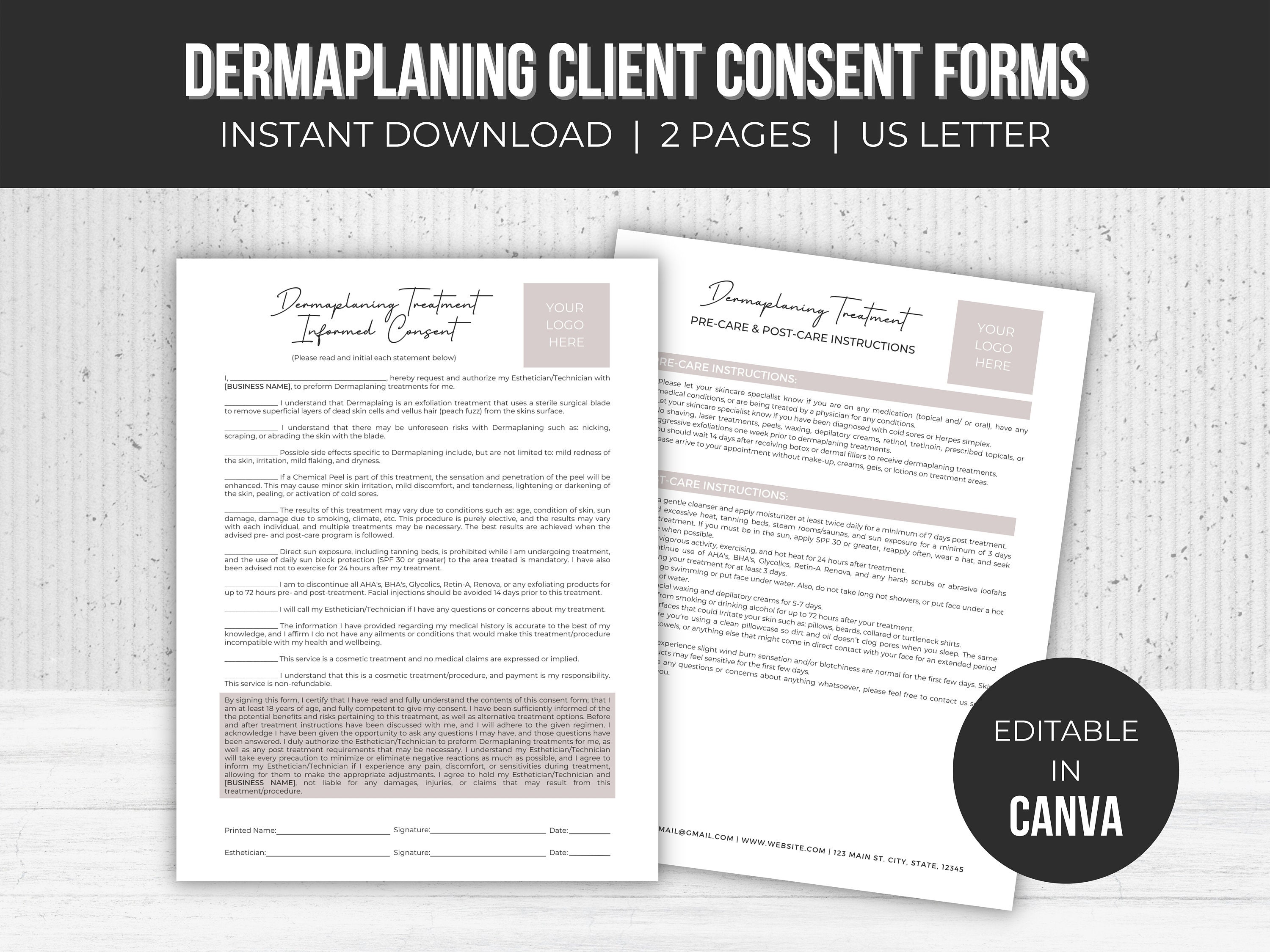 Editable Dermaplaning Client Consent Forms | Esthetician Template | Esthetician Business ...