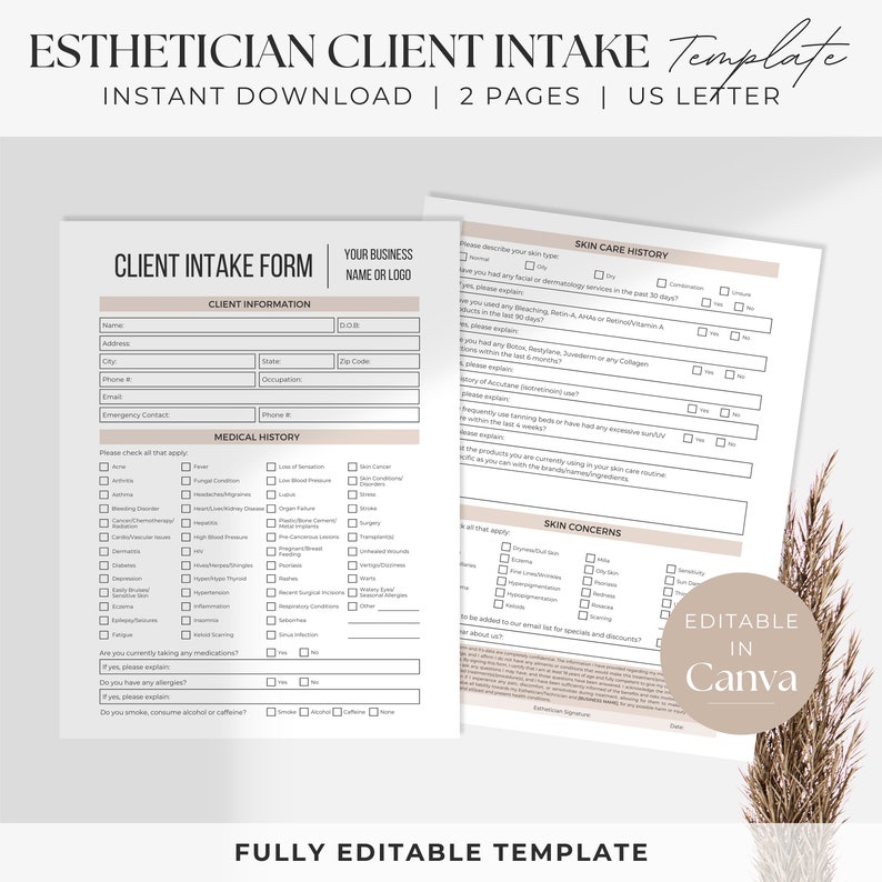 Esthetician Client Intake Forms | Editable Client Intake | Esthetician ...