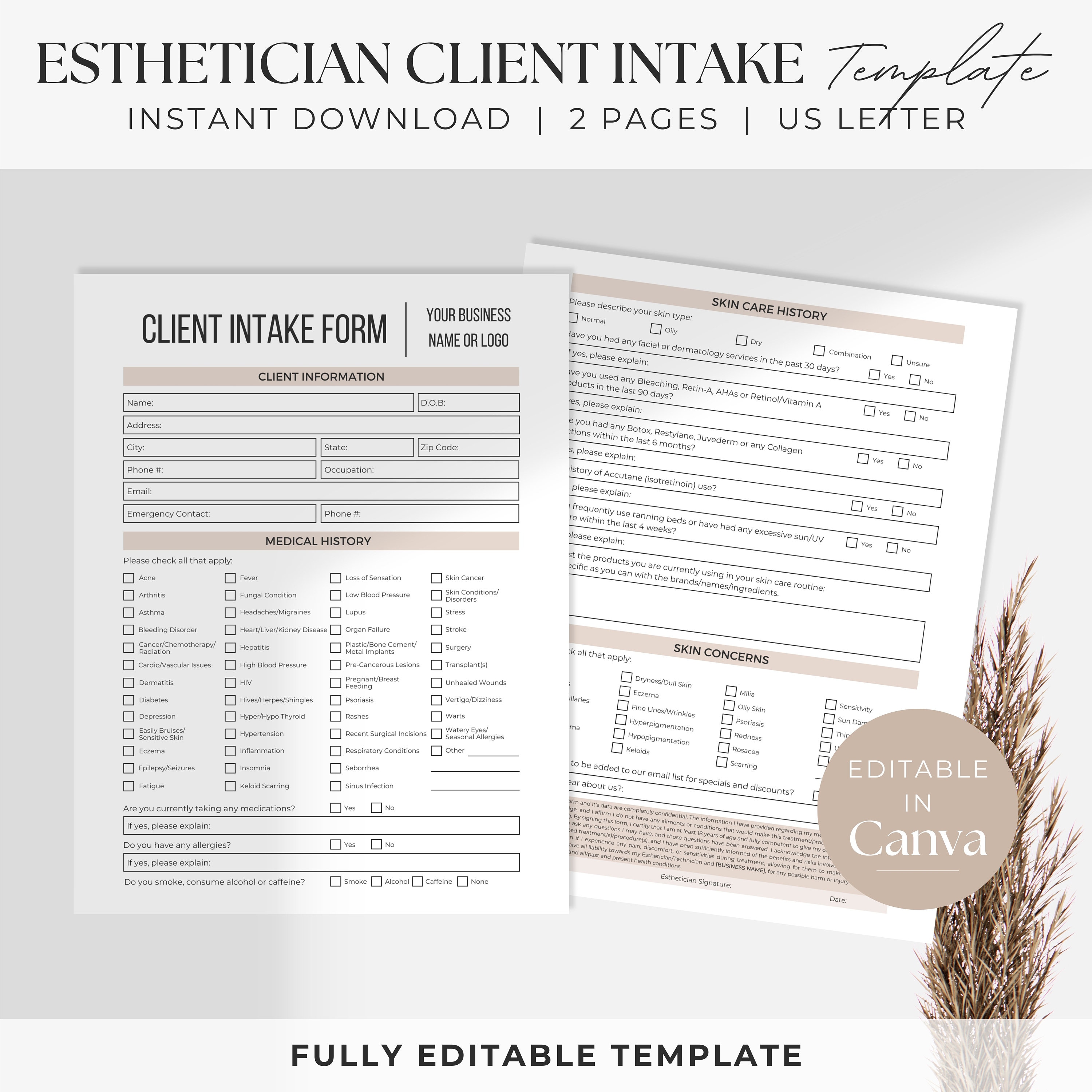 Esthetician Client Intake Forms Editable Client Intake Esthetician ...