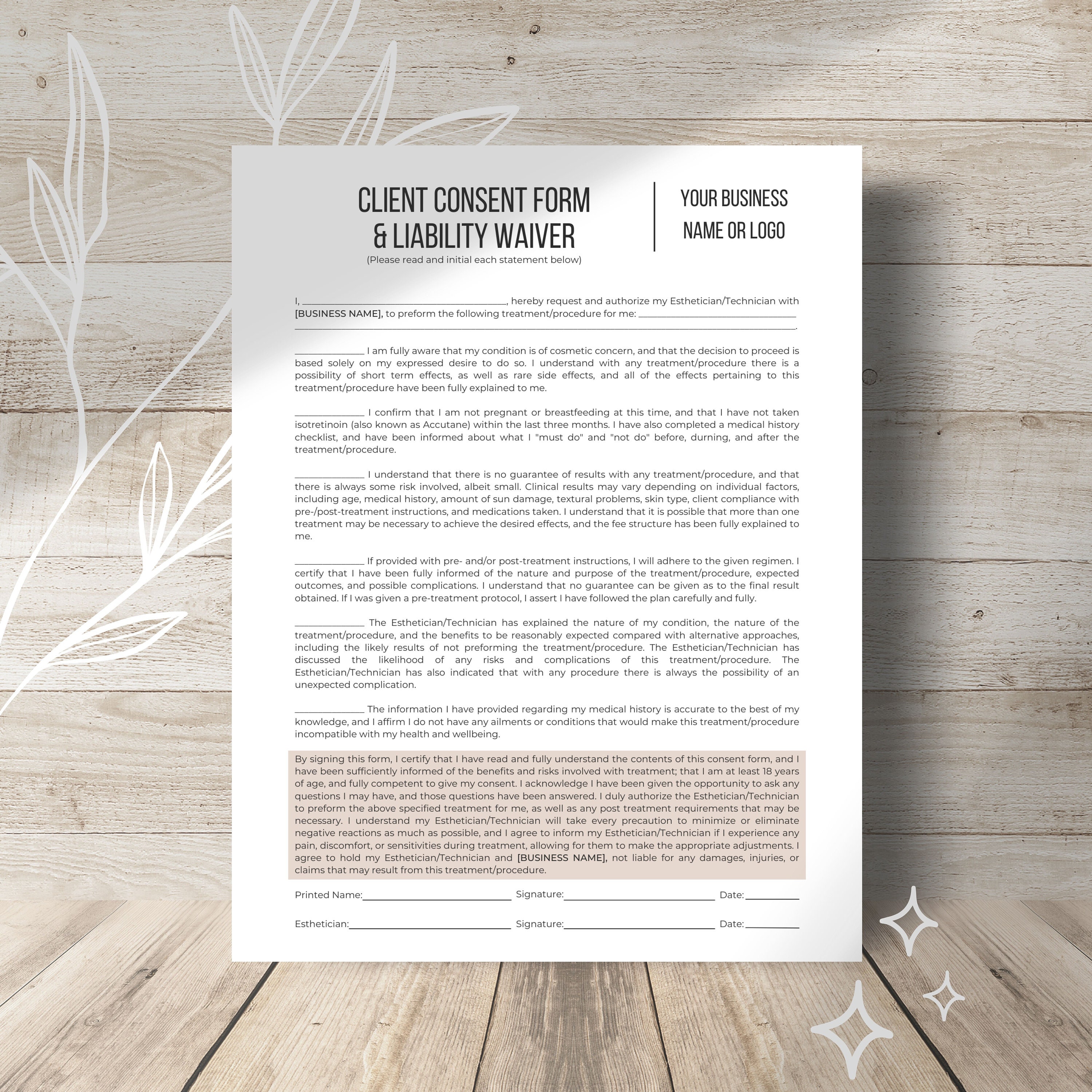 Esthetician General Liability and Client Consent Forms | Editable ...