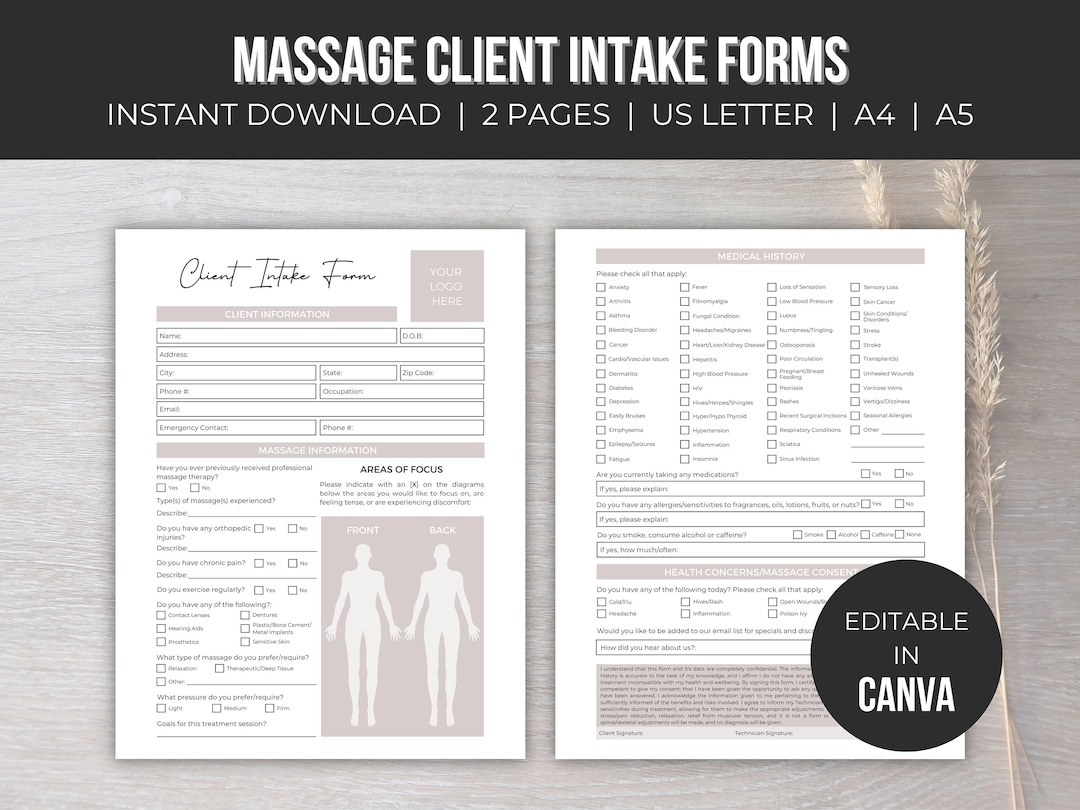 Editable Massage Client Intake and Consent Forms | Massage Therapist ...