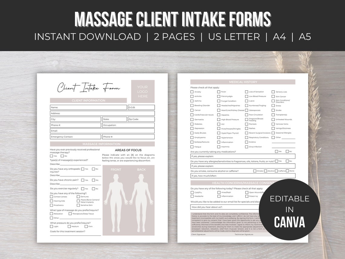 Editable Massage Client Intake and Consent Forms | Massage Therapist ...