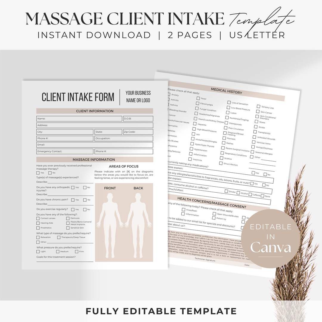 Massage Client Intake and Consent Forms Template | Editable Massage ...
