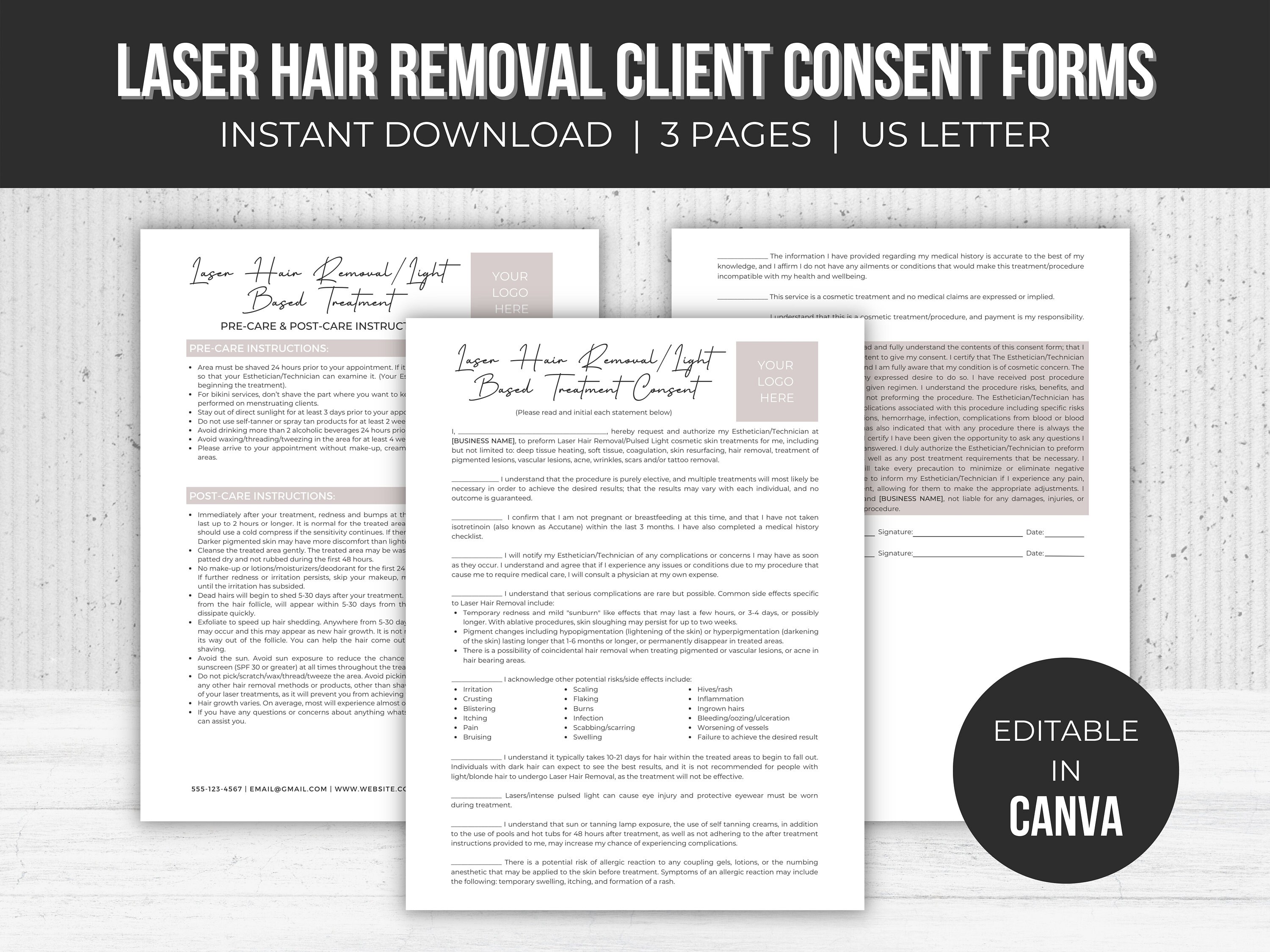 Editable Laser Hair Removal Client Consent Forms | Light Based ...