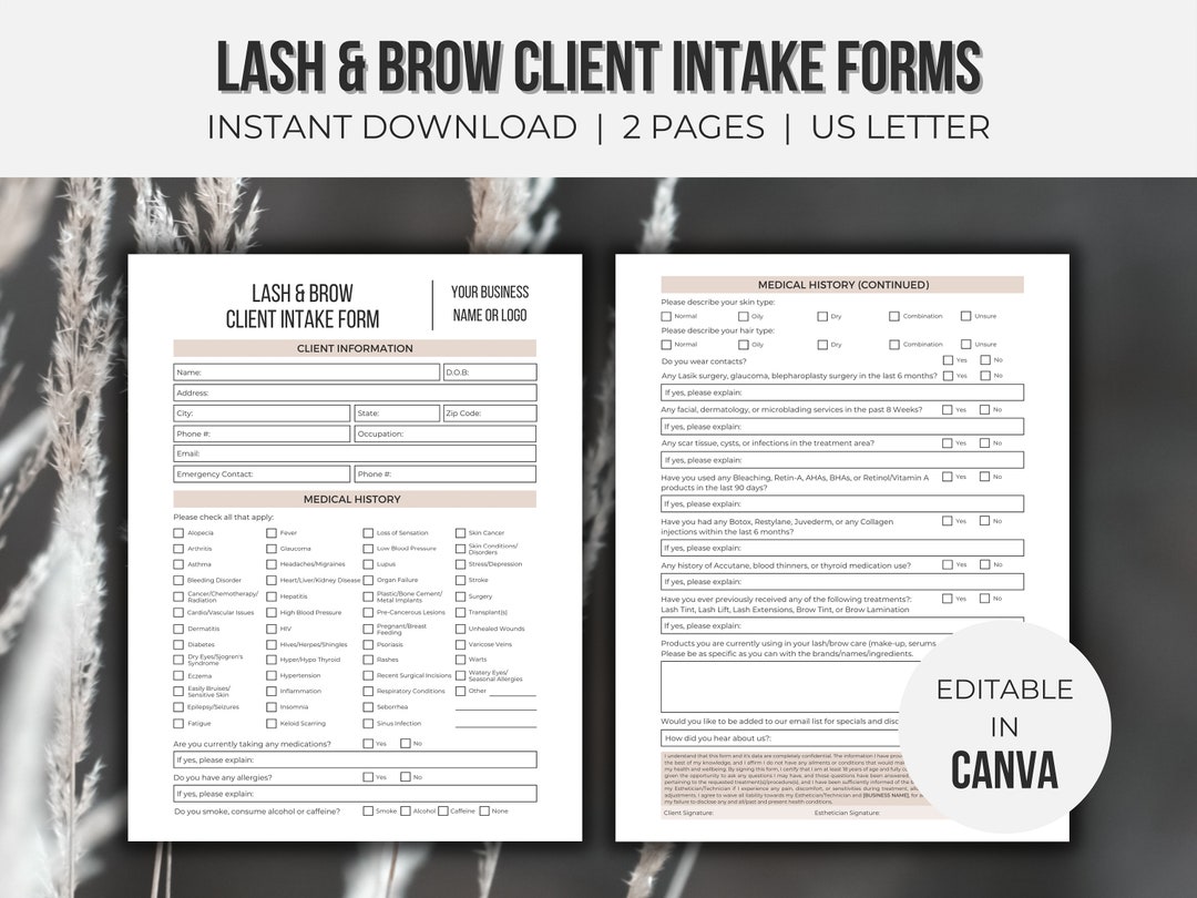 Lash and Brow Client Intake Forms Editable | Esthetician Lash and Brow ...