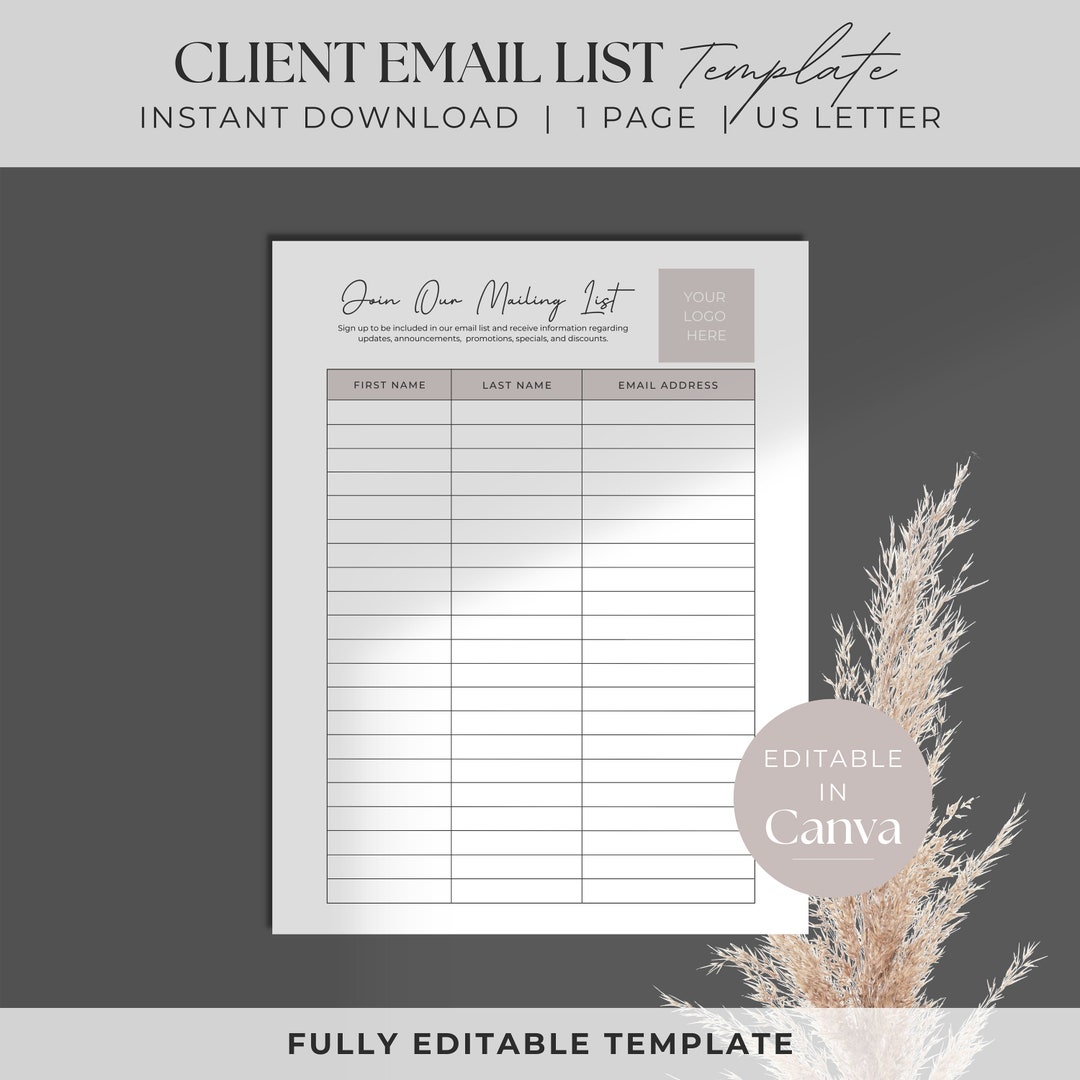 Email List Sign up Sheet | Mailing List Sign up Template | Editable ...