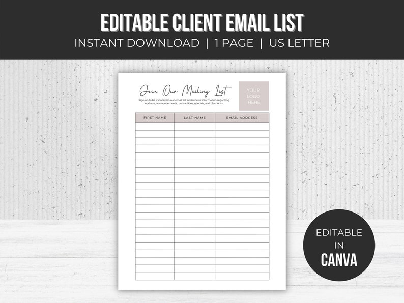 Editable Email List | Mailing List Sign up Sheet | Esthetician Template ...
