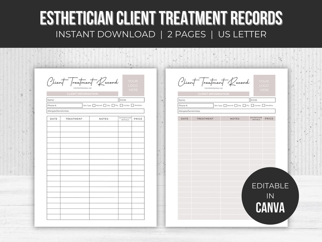 Editable Client Treatment Log | Treatment Record | Esthetician Template | Esthetician Business ...