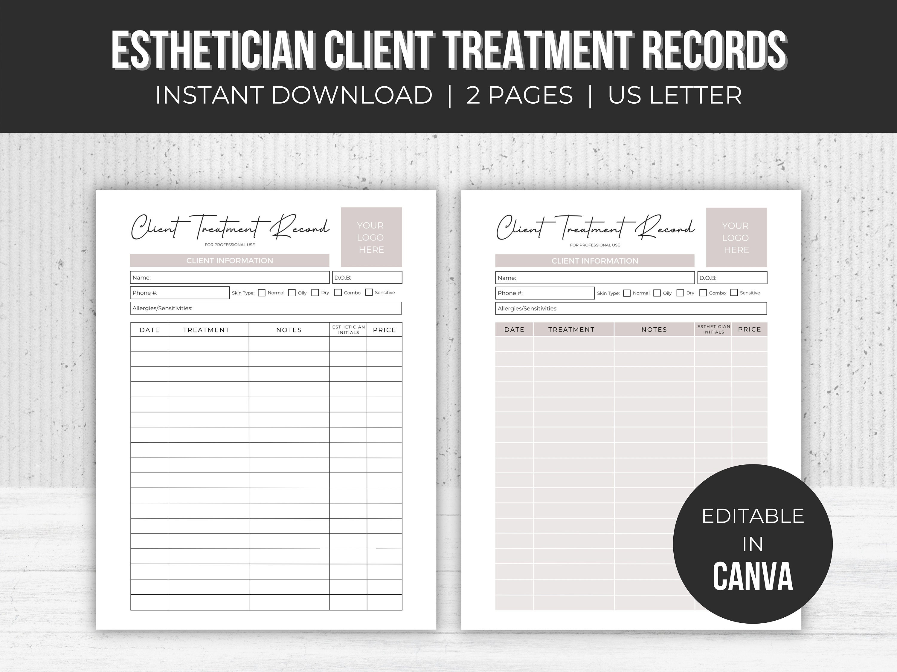 Editable Client Treatment Log | Treatment Record | Esthetician Template ...