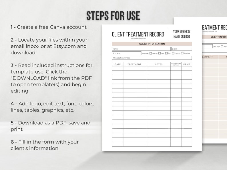 Client Treatment Record Editable Treatment Log Esthetician Froms Esthetician Business Instant ...