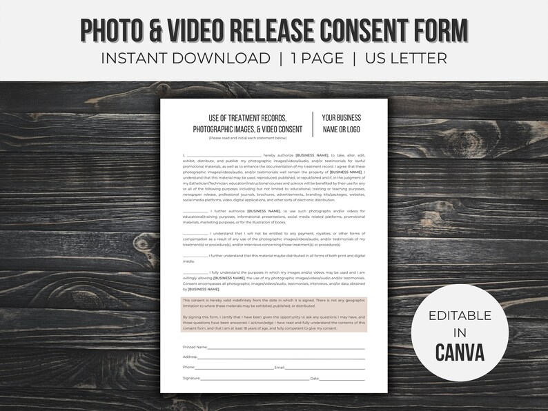 Photo and Video Release Consent Form Editable | Esthetician Forms ...