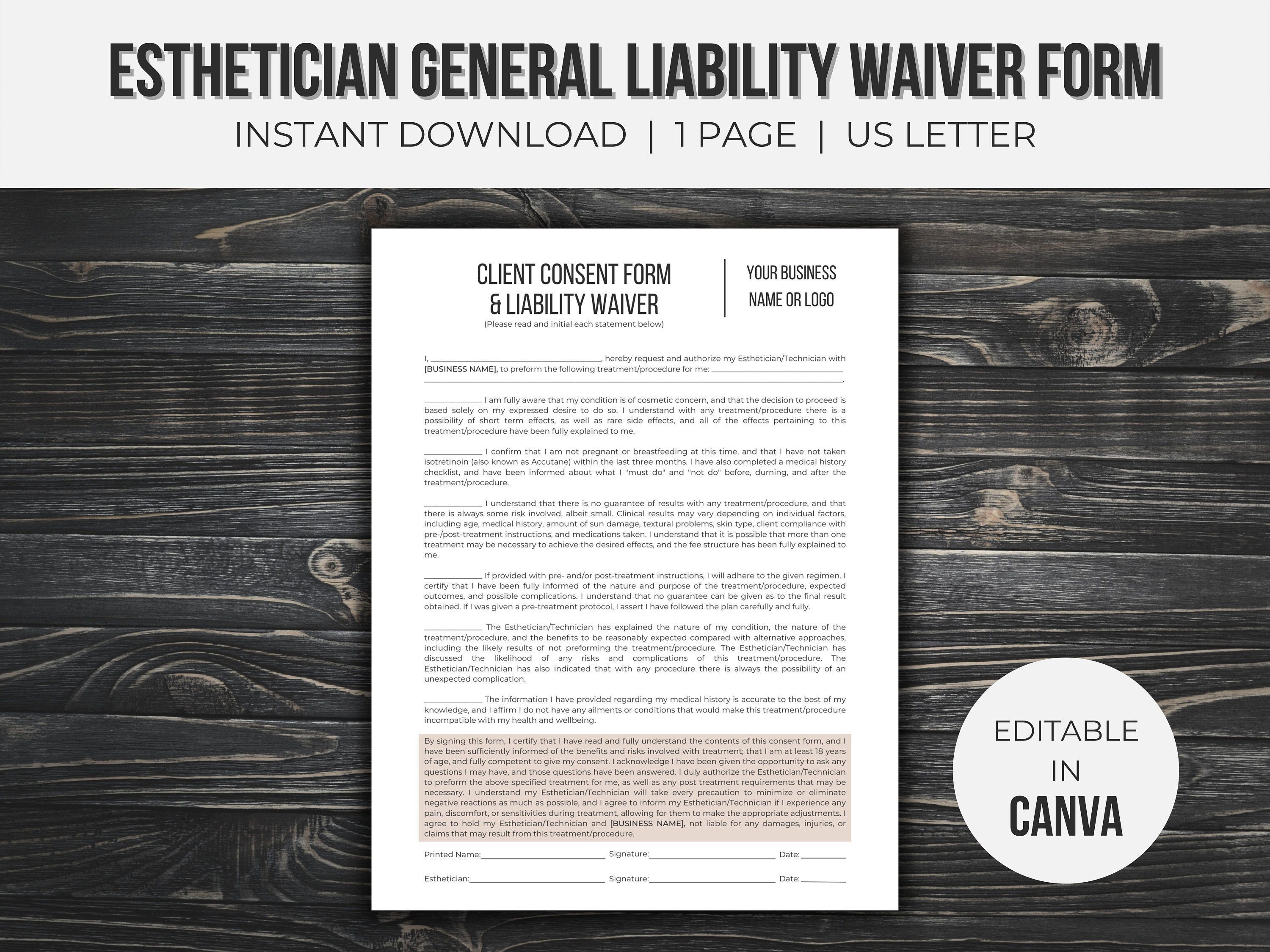 Esthetician General Liability and Client Consent Forms Editable ...