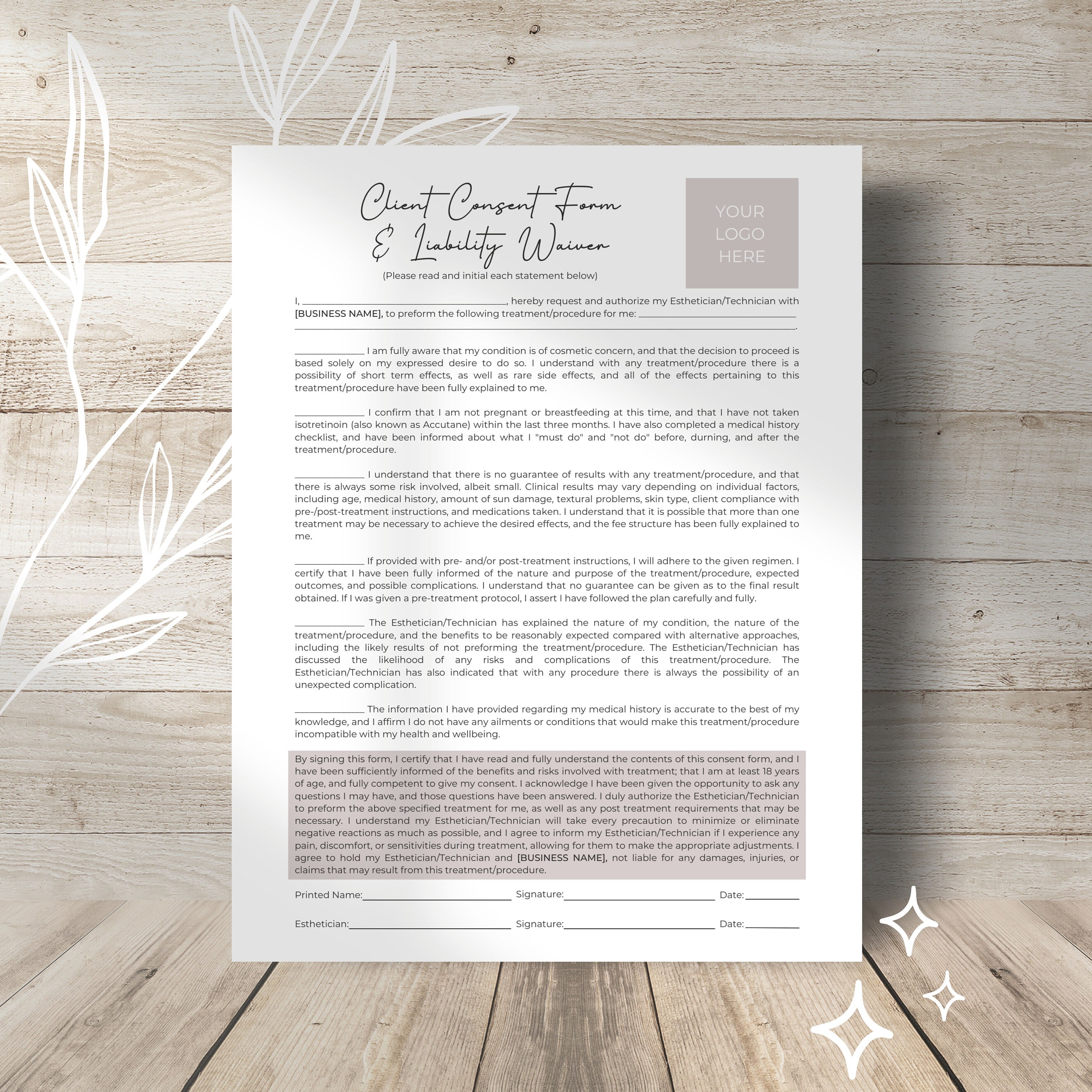 Editable Esthetician General Client Consent Form | Esthetician ...