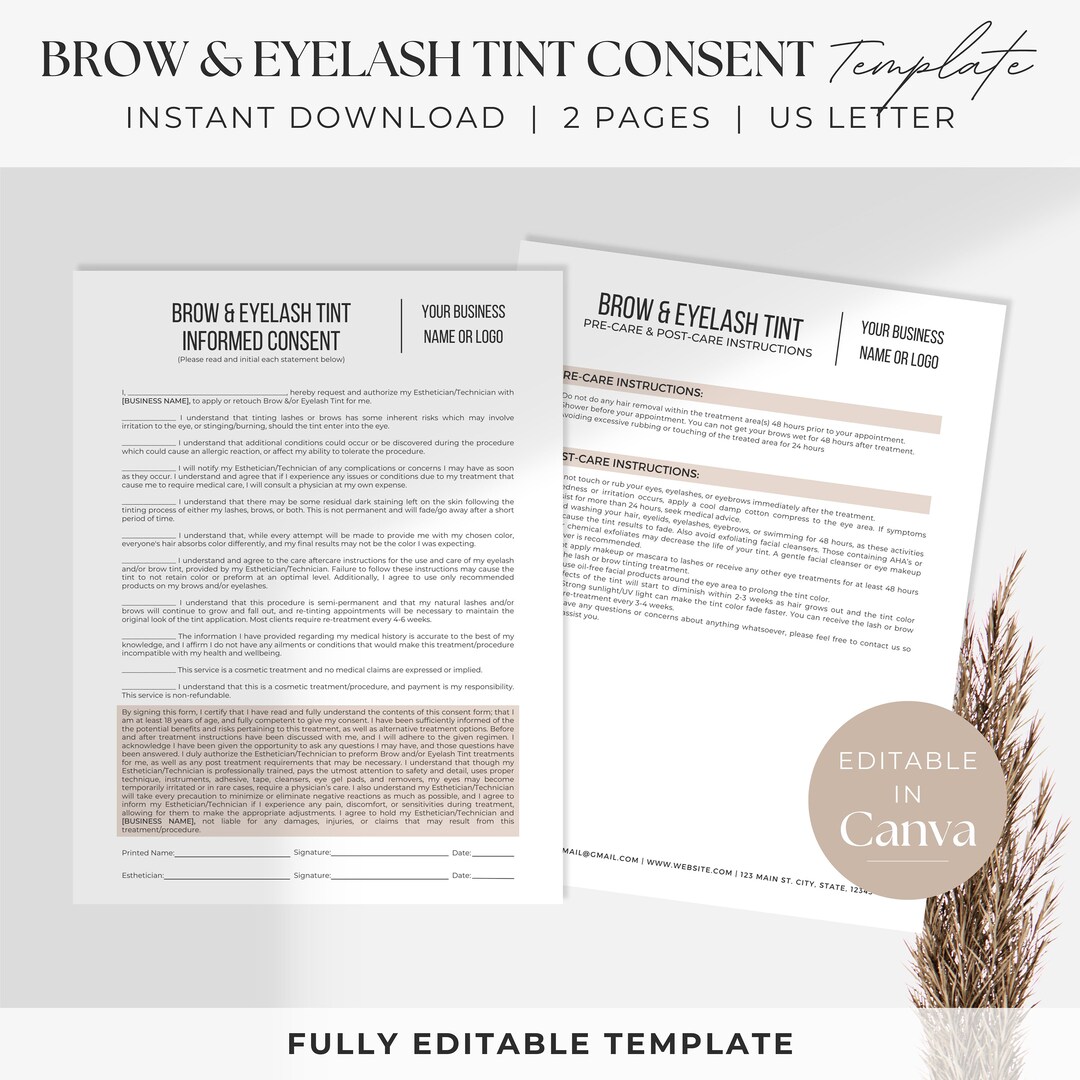 Lash and Brow Tint Consent Forms | Brow and Eyelash Tint | Editable ...