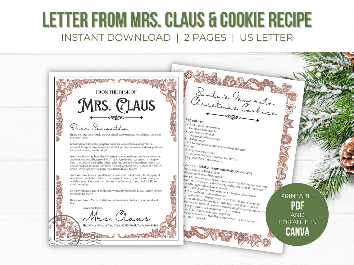 Editable Letter From Mrs Claus Mrs Claus Letter Template - Etsy