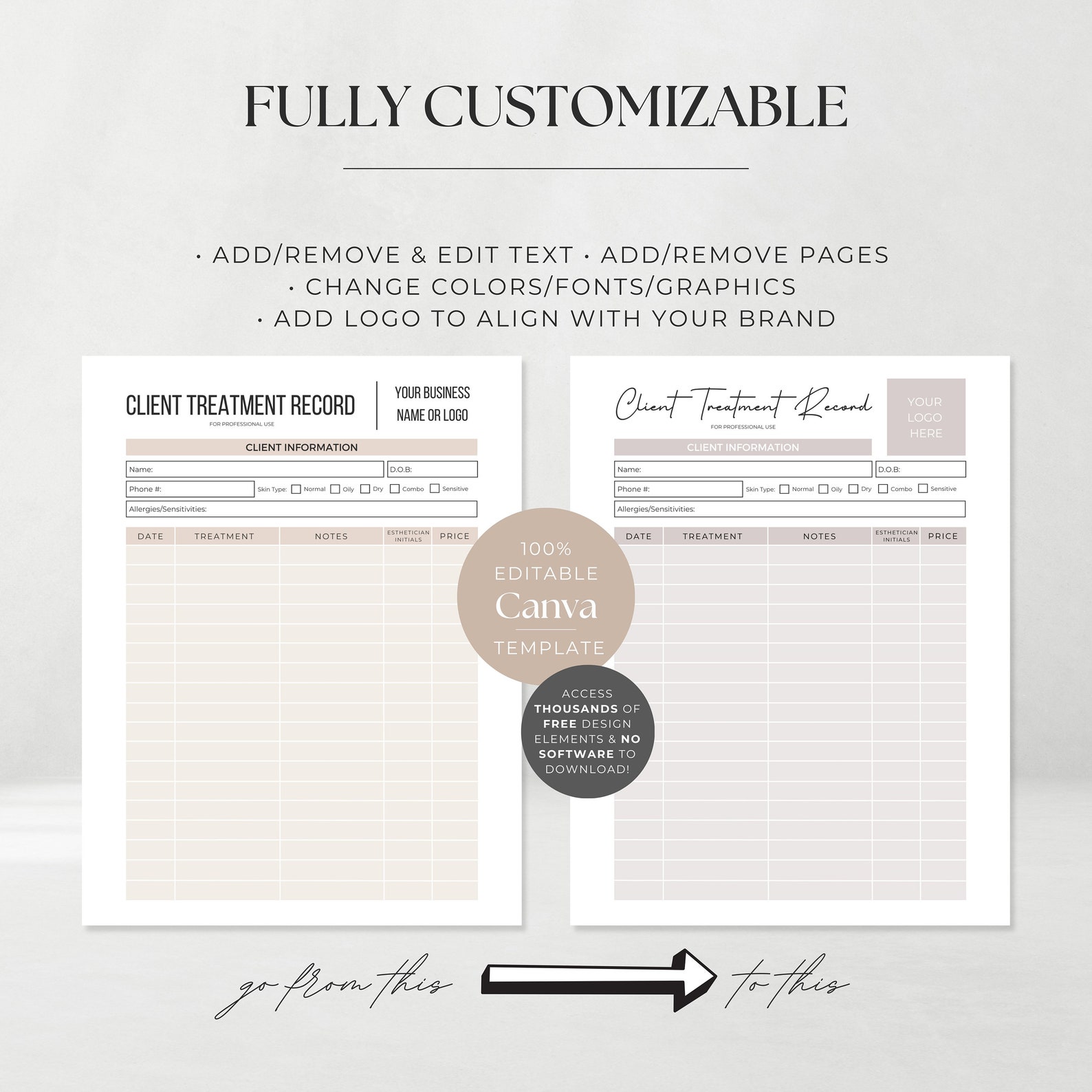 Esthetician Client Treatment Record | Editable Treatment Log ...
