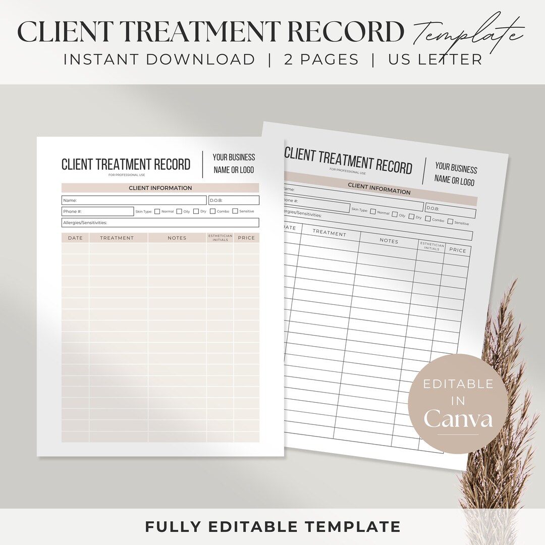 Esthetician Client Treatment Record | Editable Treatment Log ...