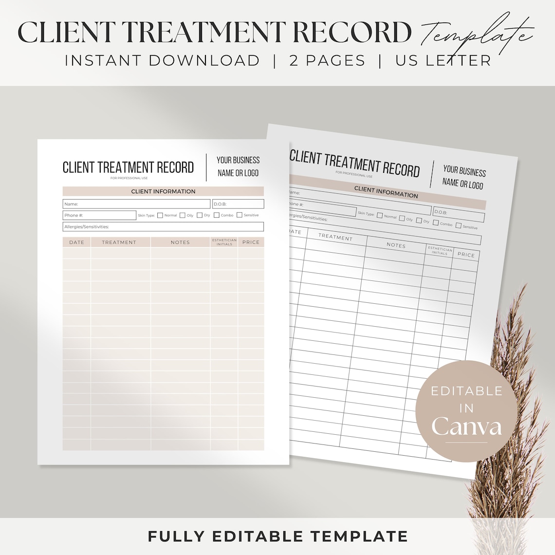 Esthetician Client Treatment Record | Editable Treatment Log ...