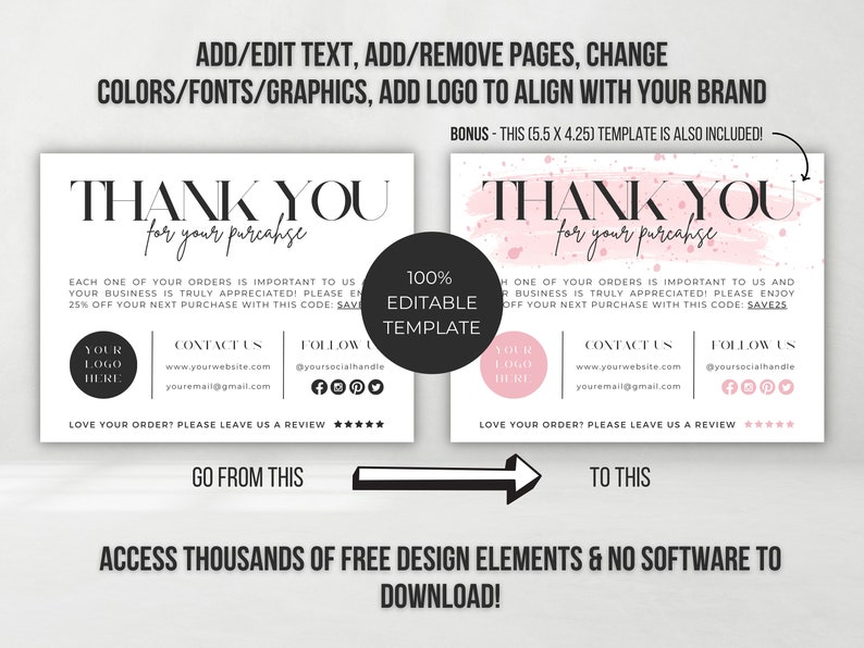 Business Thank You Card Template Editable Thank You Insert - Etsy