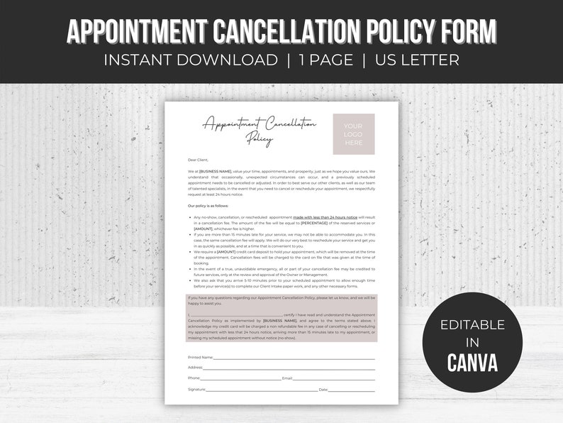 Editable Appointment Cancellation Policy Form Appointment - Etsy