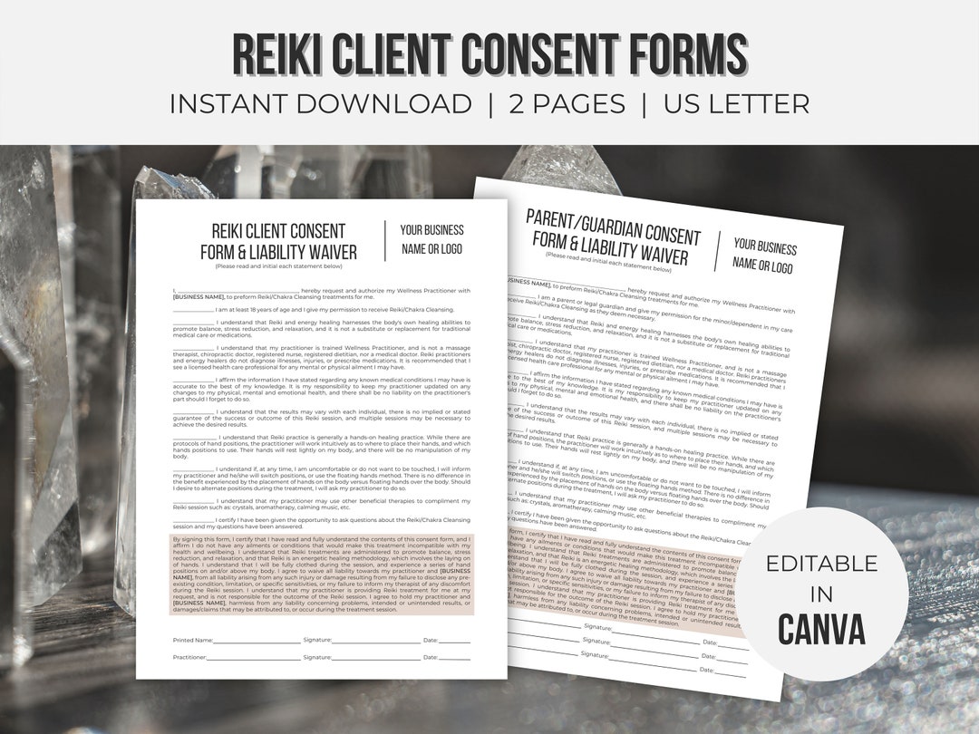 Reiki Consent Form and Liability Waiver Editable | Chakra Cleansing ...