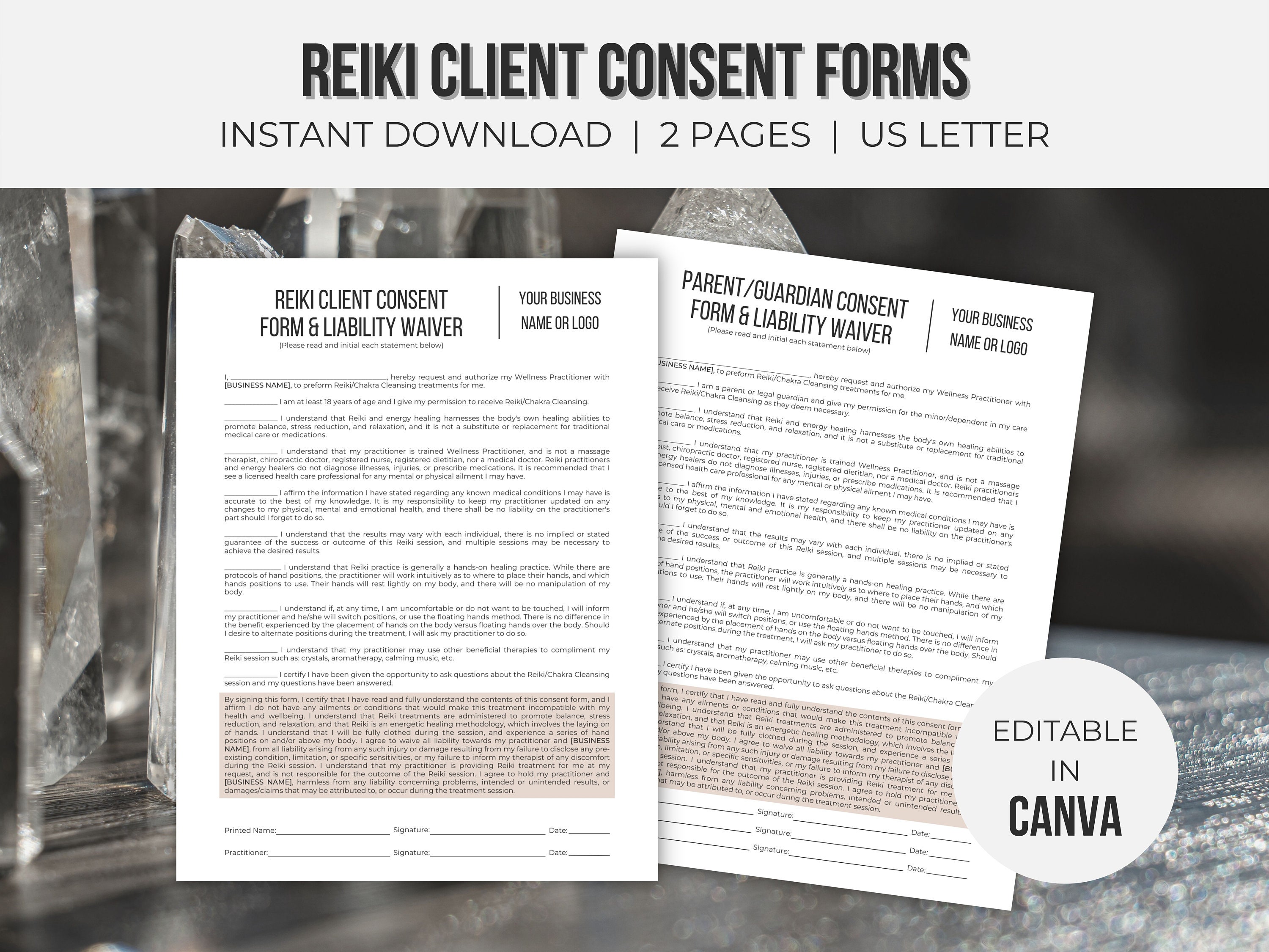 Reiki Consent Form and Liability Waiver Editable | Chakra Cleansing ...