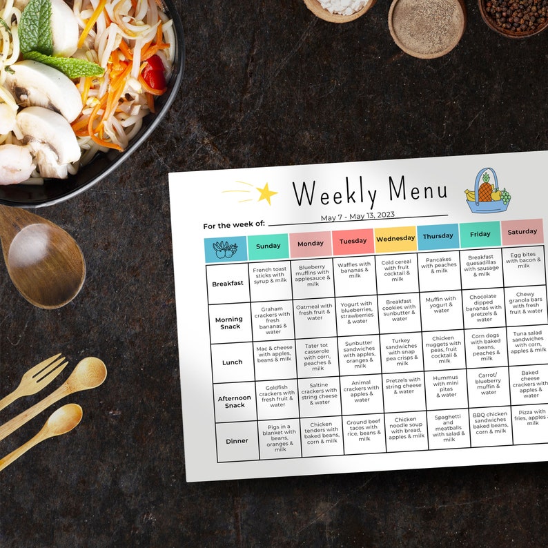 Editable Home Daycare Weekly Menu Home School Meal Planner Preschool ...