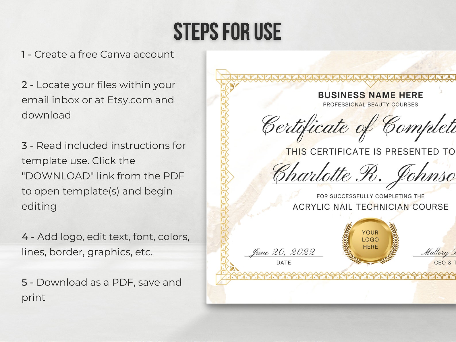 Nail Certificate Template | Editable Certificate of Completion | Nail ...