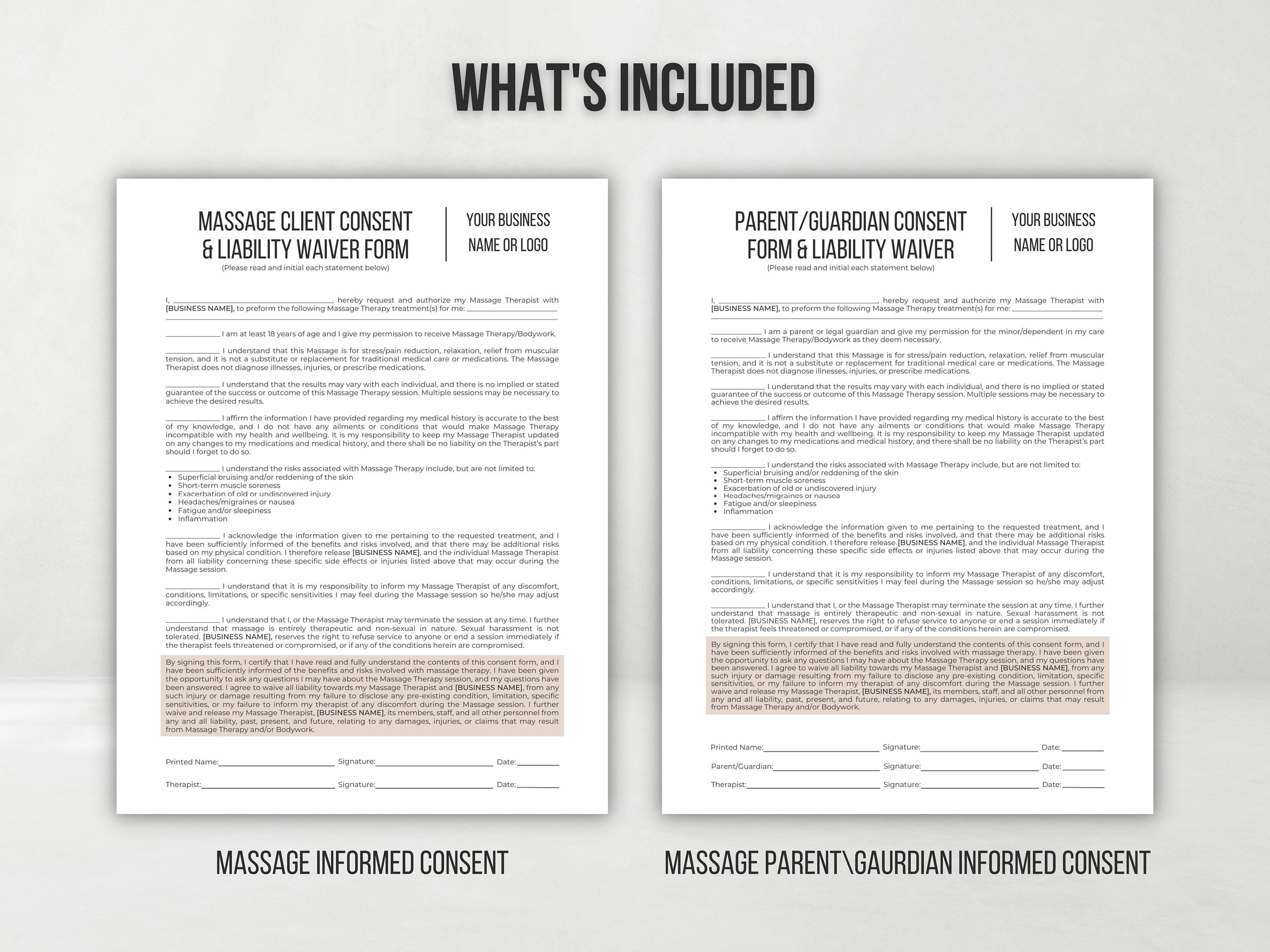 Massage Consent Form and Liability Waiver Editable | Massage Therapist ...