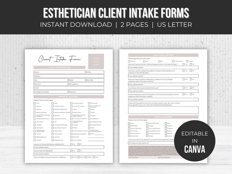 Editable Esthetician Client Intake Forms Esthetician Template ...