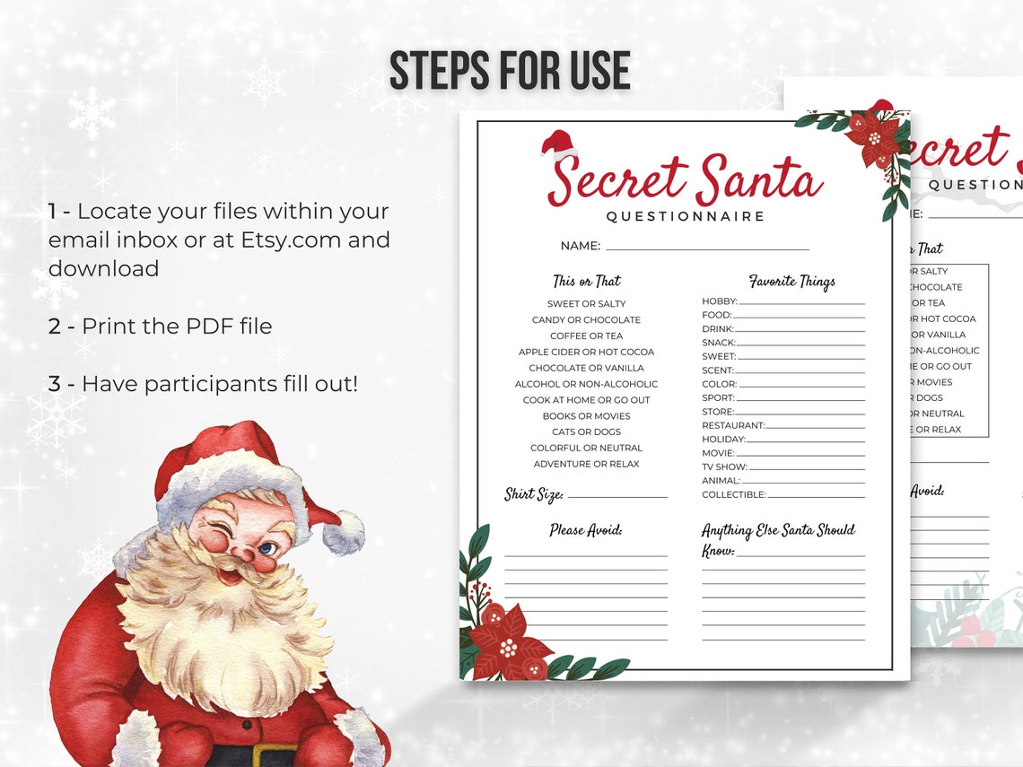 Printable Secret Santa Questionnaire | Work Secret Santa | Wish List ...