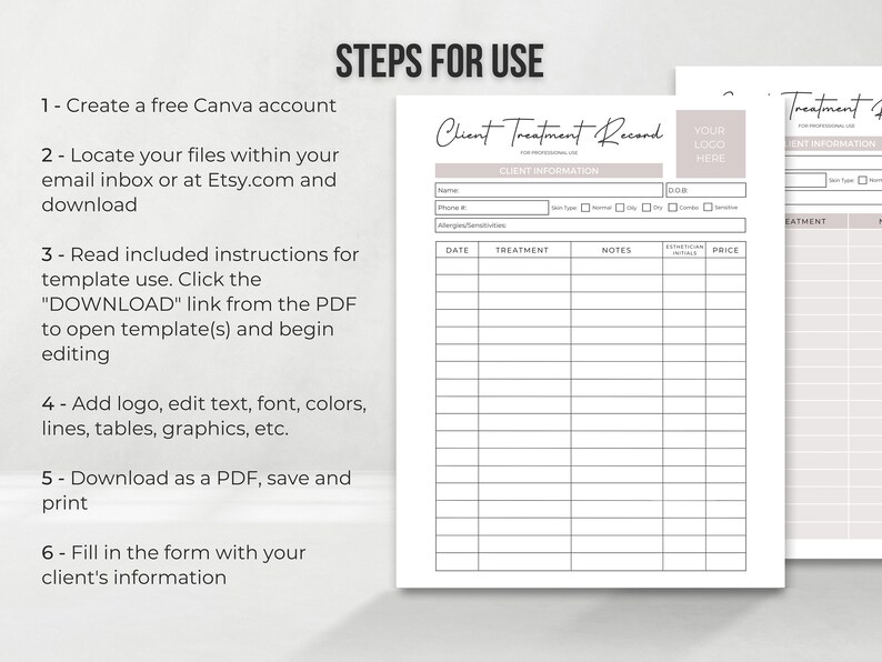 Editable Client Treatment Log Treatment Record Esthetician - Etsy