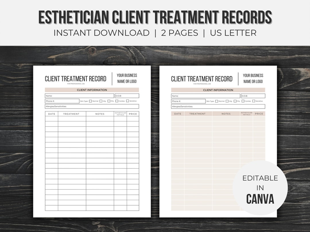 Client Treatment Record Editable | Treatment Log | Esthetician Froms ...