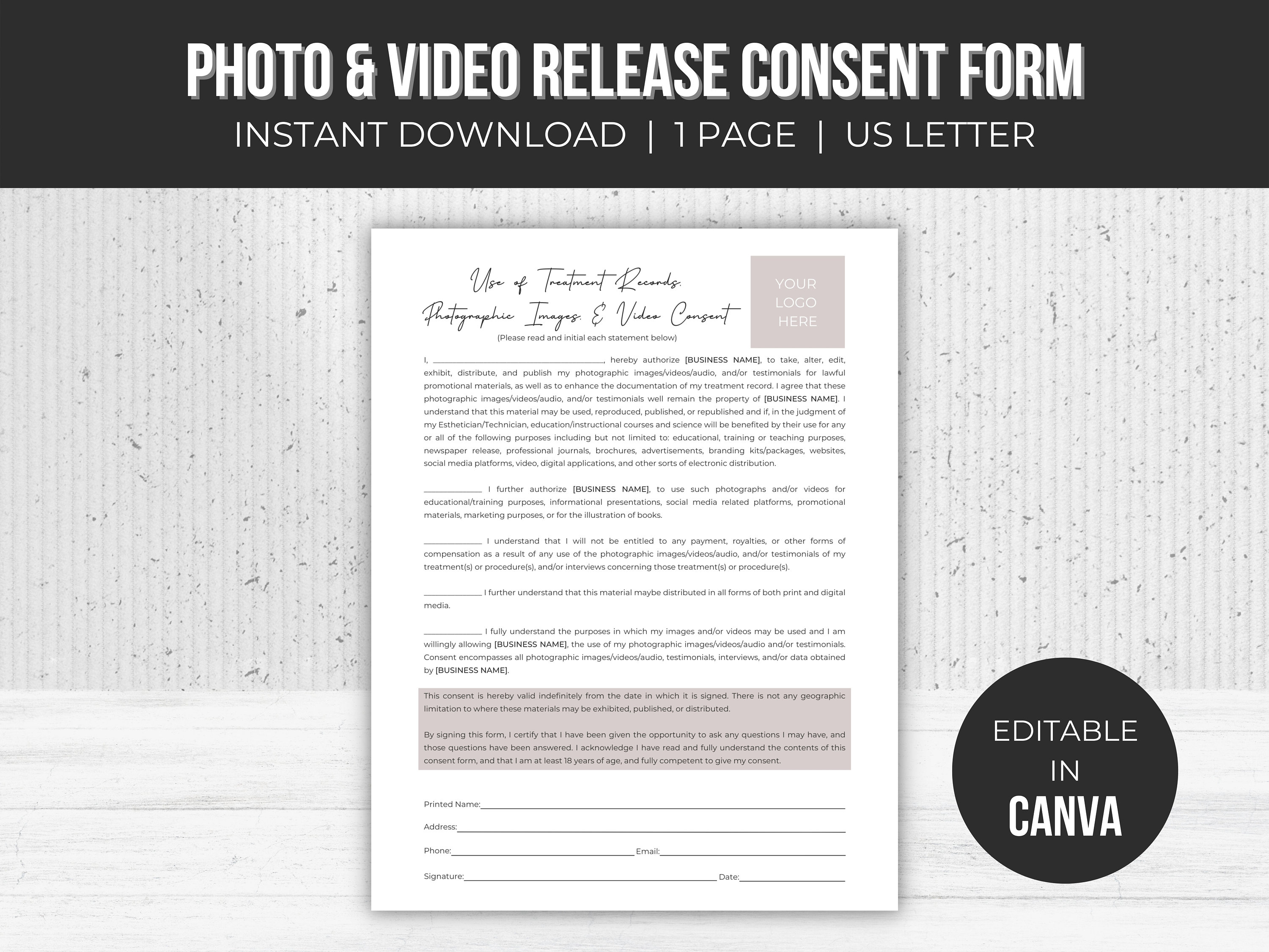 Editable Photo and Video Release Consent Form | Esthetician Business ...