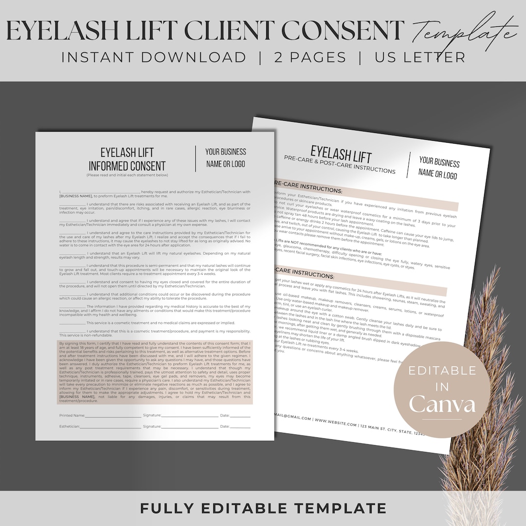 Eyelash Lift Client Consent Forms | Lash Lift | Editable Esthetician ...