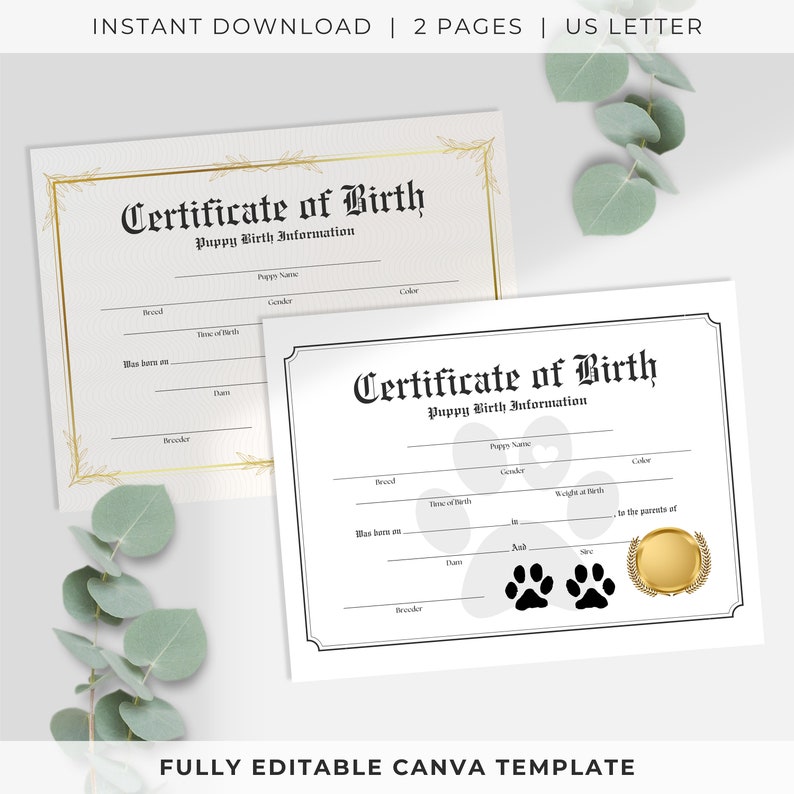 Editable Puppy Certificate of Birth | Puppy Birth Certificate | Puppy ...