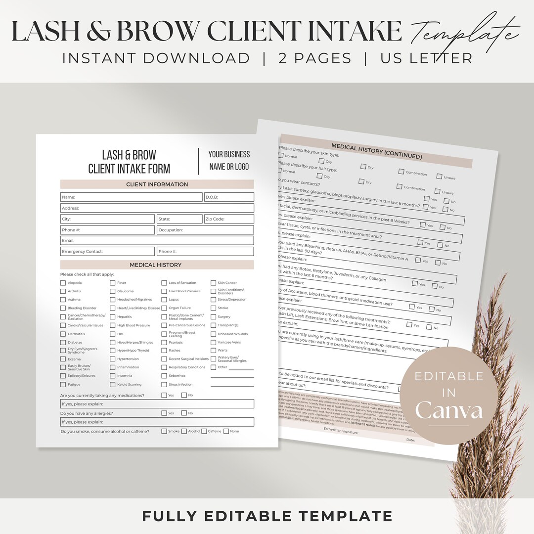 Lash and Brow Client Intake Forms | Editable Esthetician Lash and Brow ...
