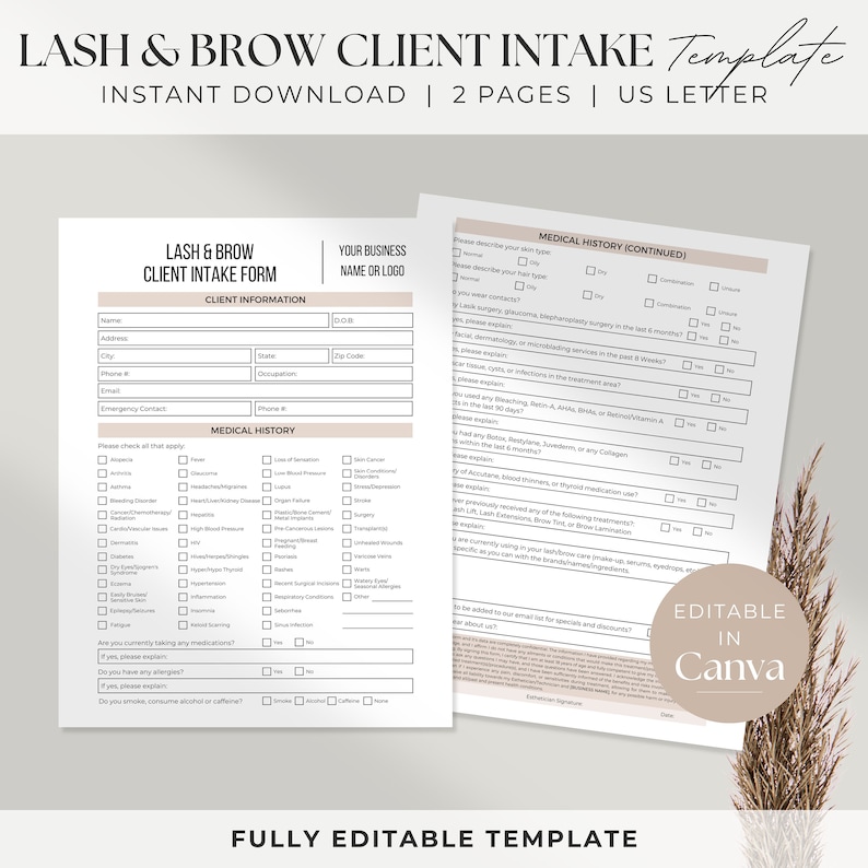 Lash and Brow Client Intake Forms | Editable Esthetician Lash and Brow ...