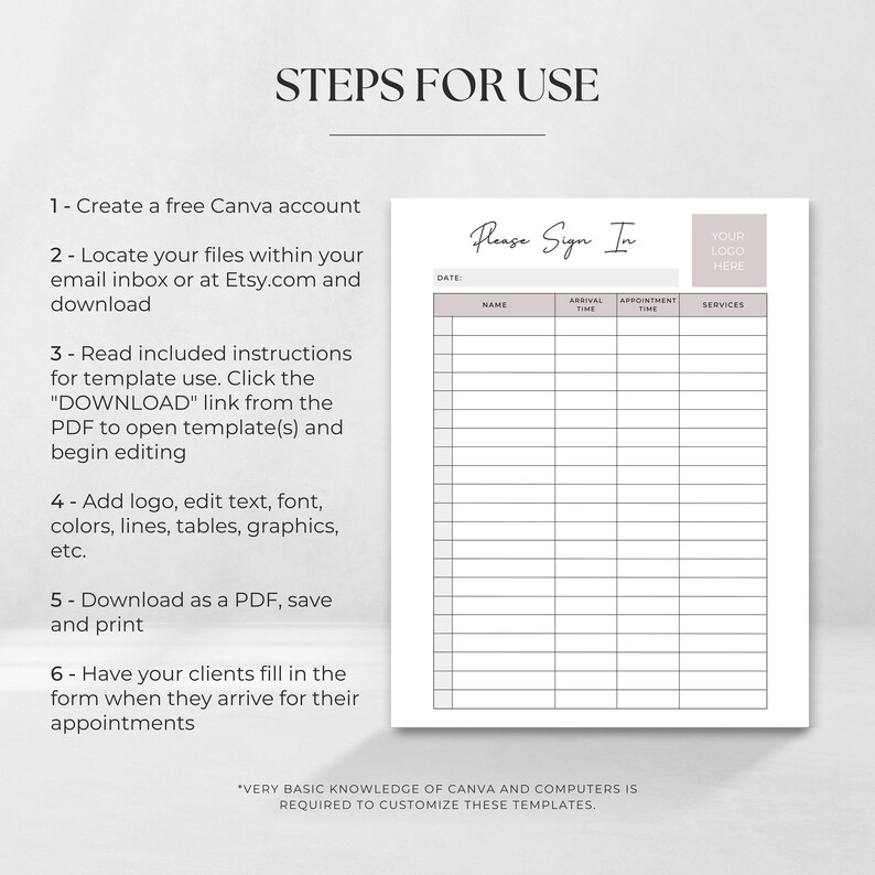 Sign in Sheet Template | Editable Client Sign in | Salon Sign in Sheet ...