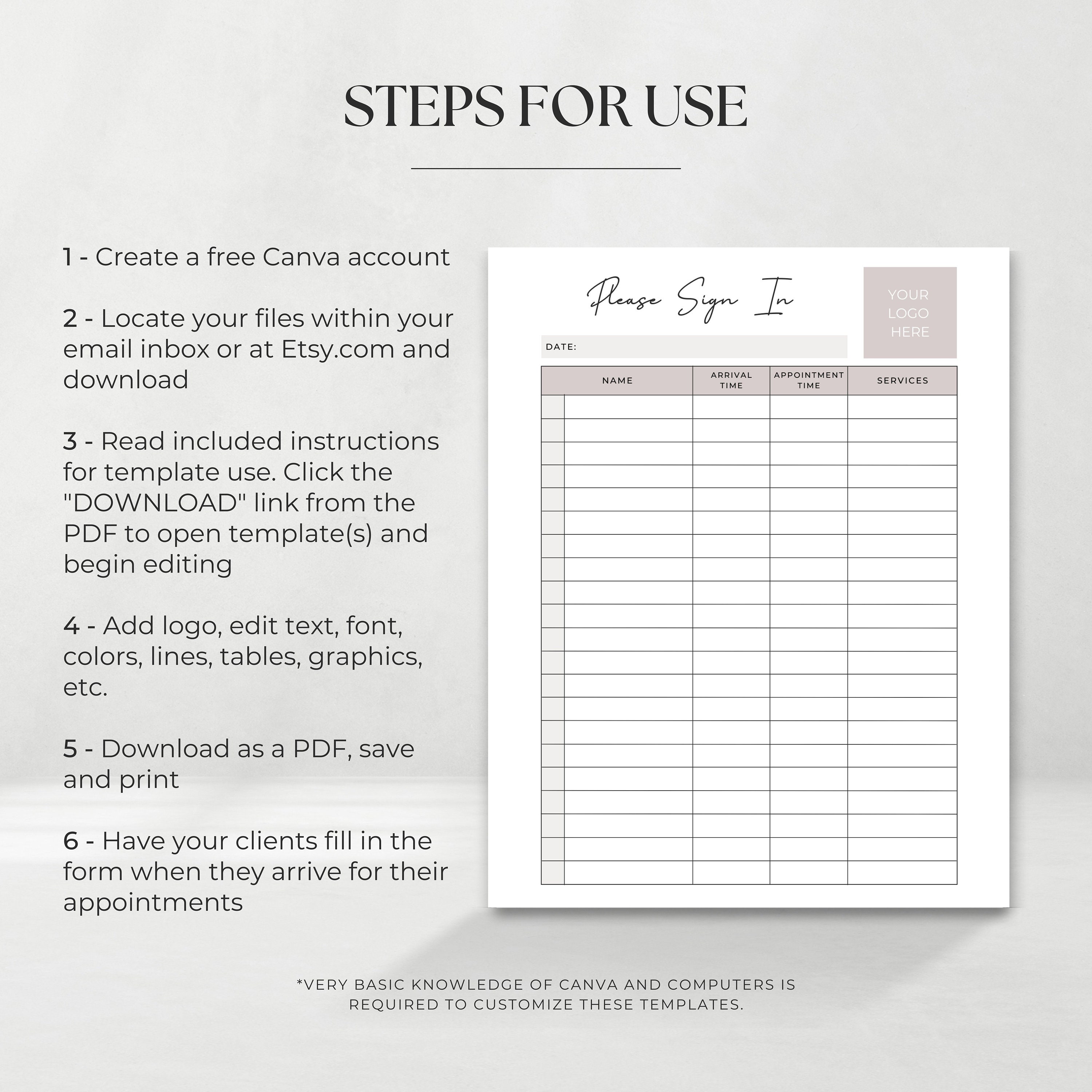 Sign in Sheet Template | Editable Client Sign in | Salon Sign in Sheet ...