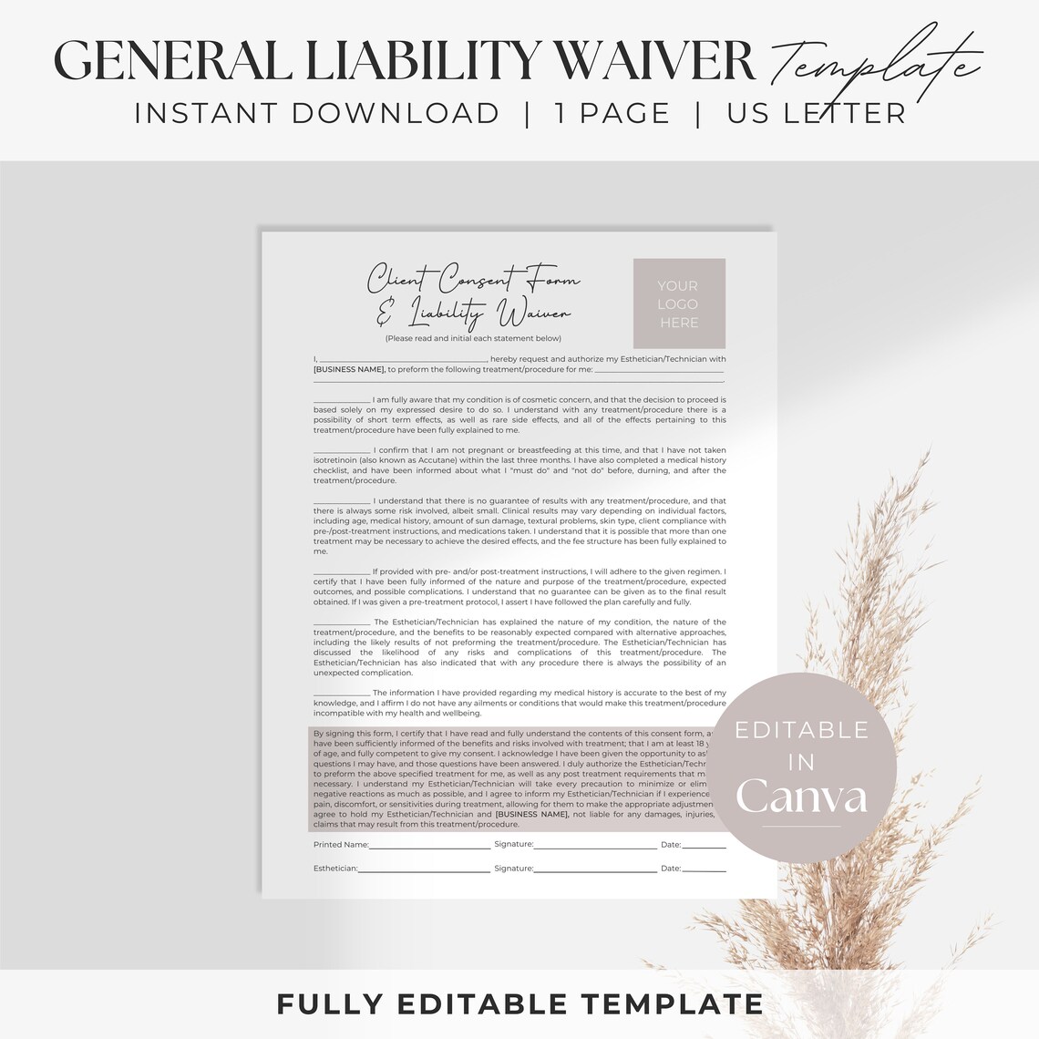 Editable Esthetician General Client Consent Form | Esthetician ...