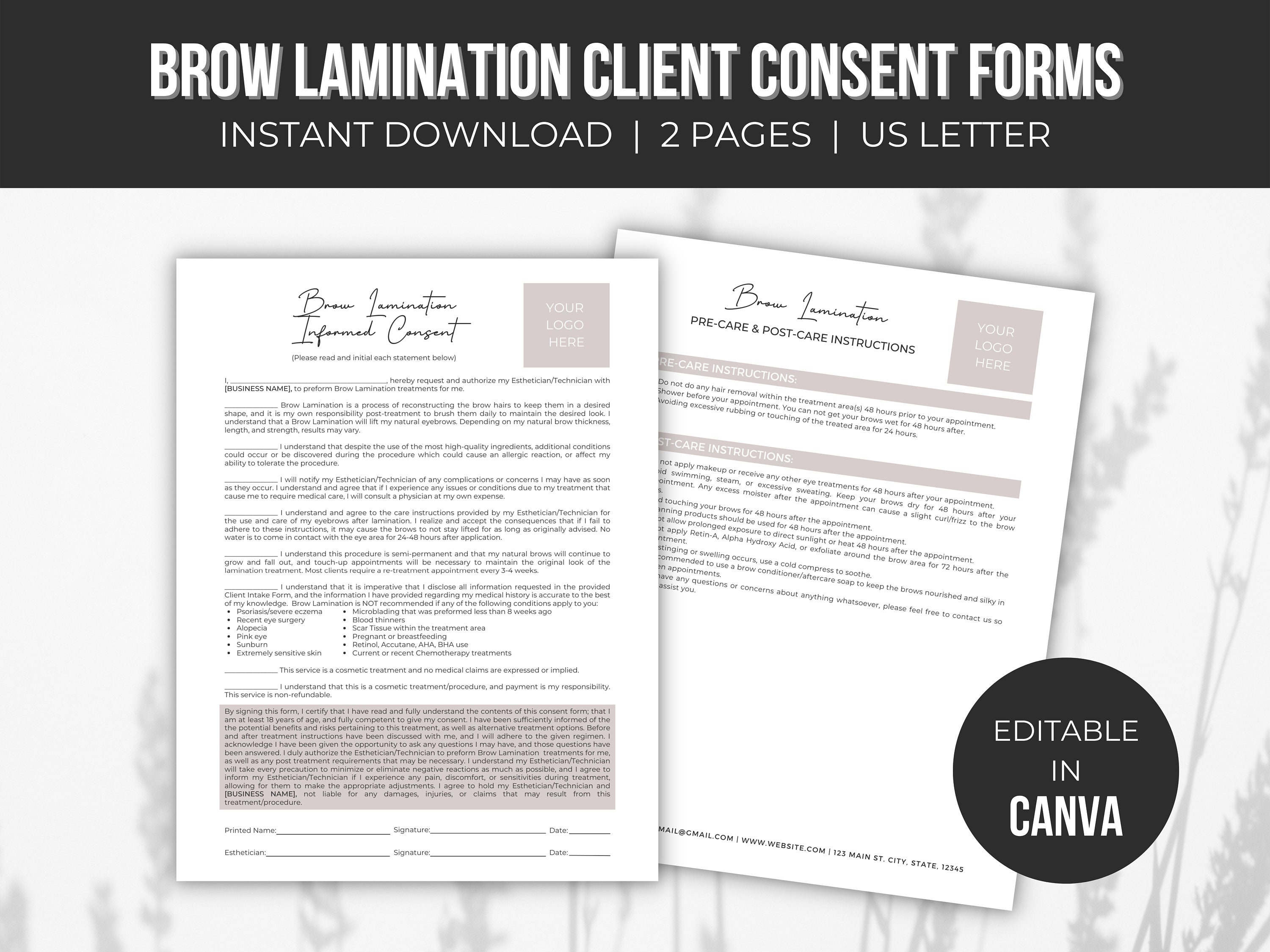Editable Eyebrow Lamination Consent Forms | Brow Lamination | Esthetician Template | Esthetician ...