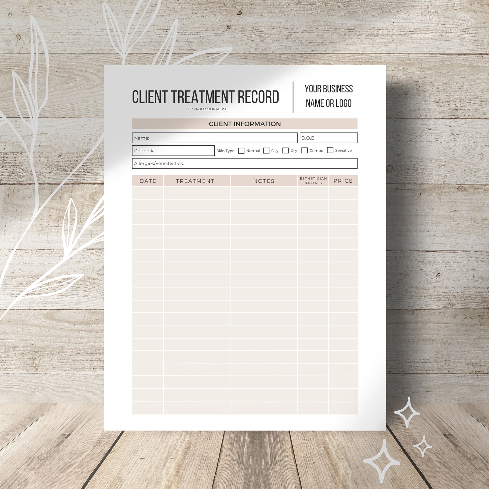 Esthetician Client Treatment Record | Editable Treatment Log ...